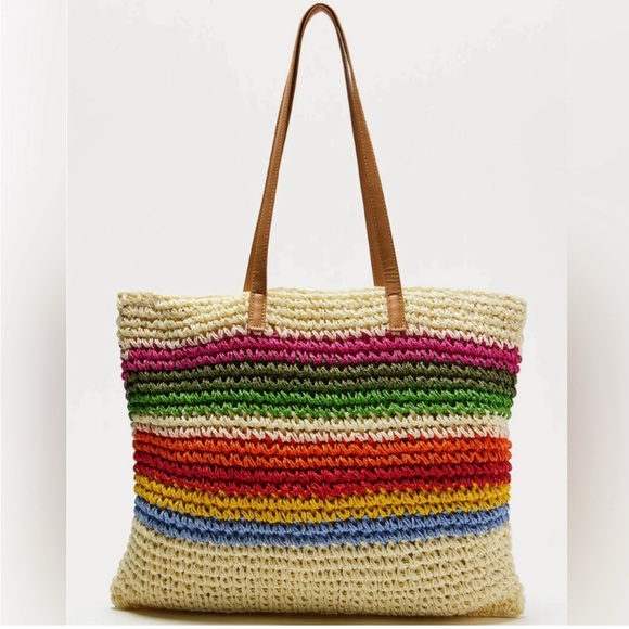 Fashion Nova | Bags | Colorful Striped Woven Tote Bag With Leather ...